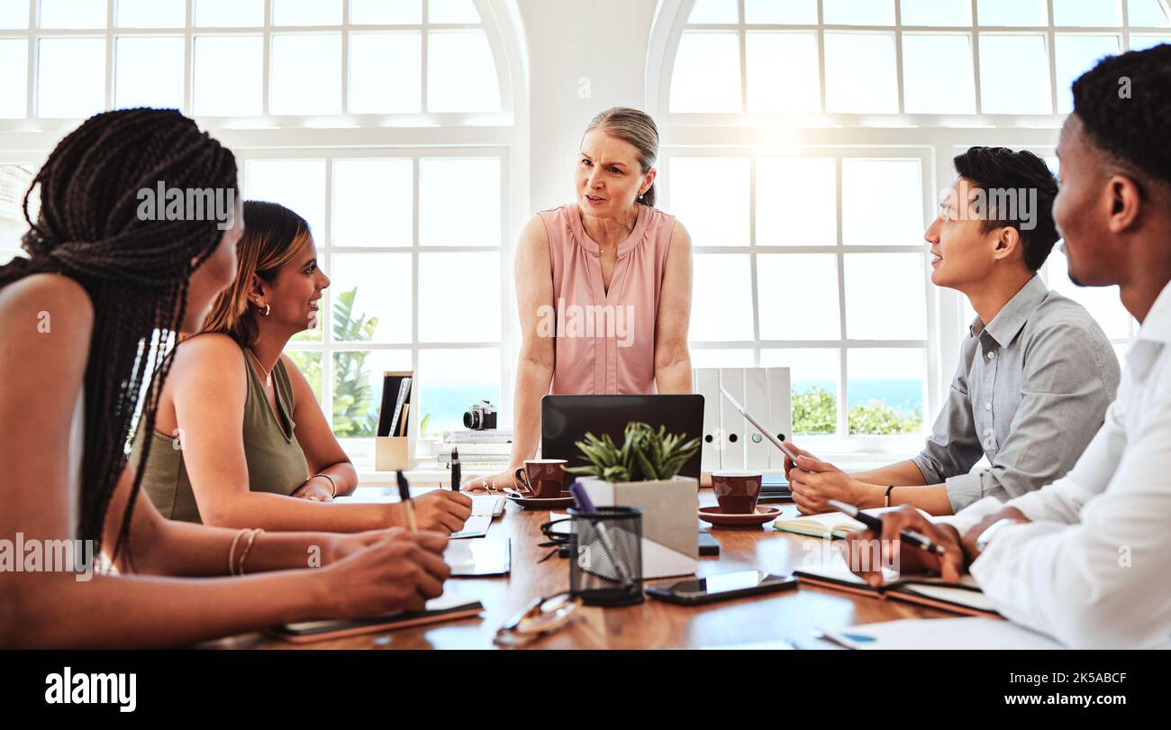Business meeting, leader and diversity team listening to ceo, planning ...