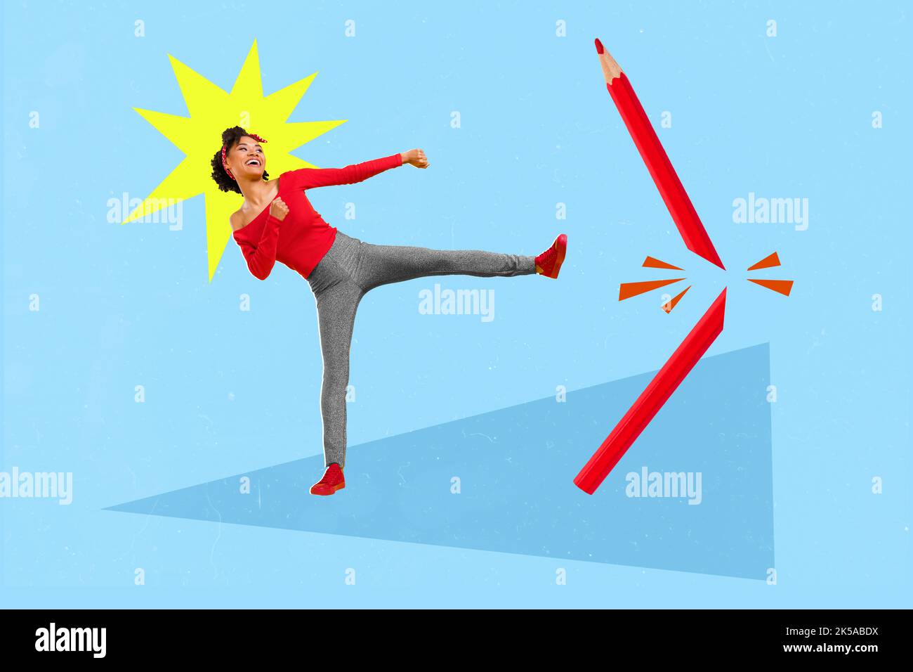 Creative photo collage of young sportive active strong woman broke red ...