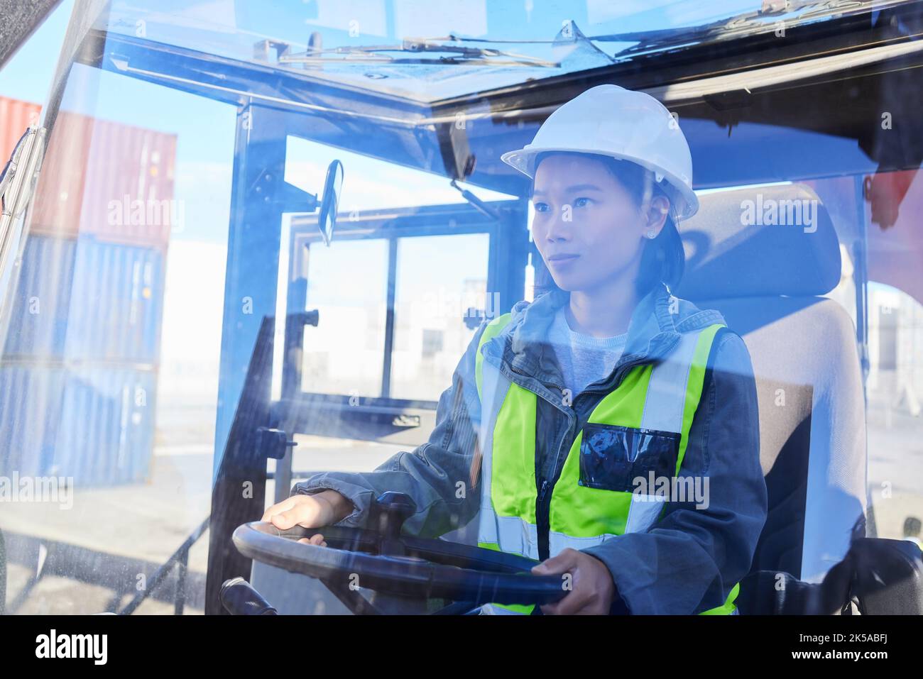 Asian woman, logistics and machine for industry shipping at work for ...