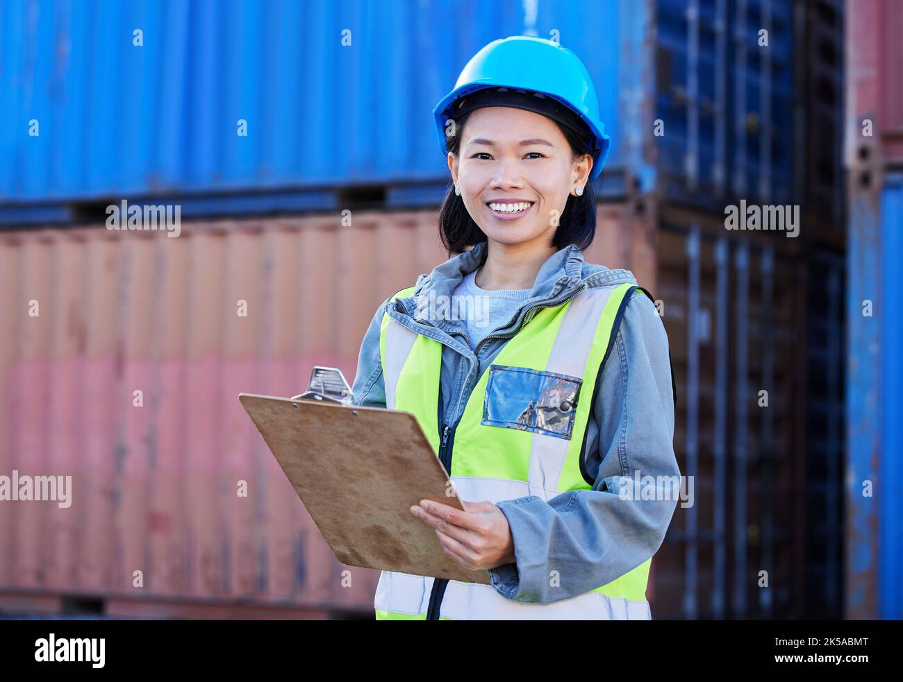Logistics, cargo and a woman with inventory checklist on clipboard ...