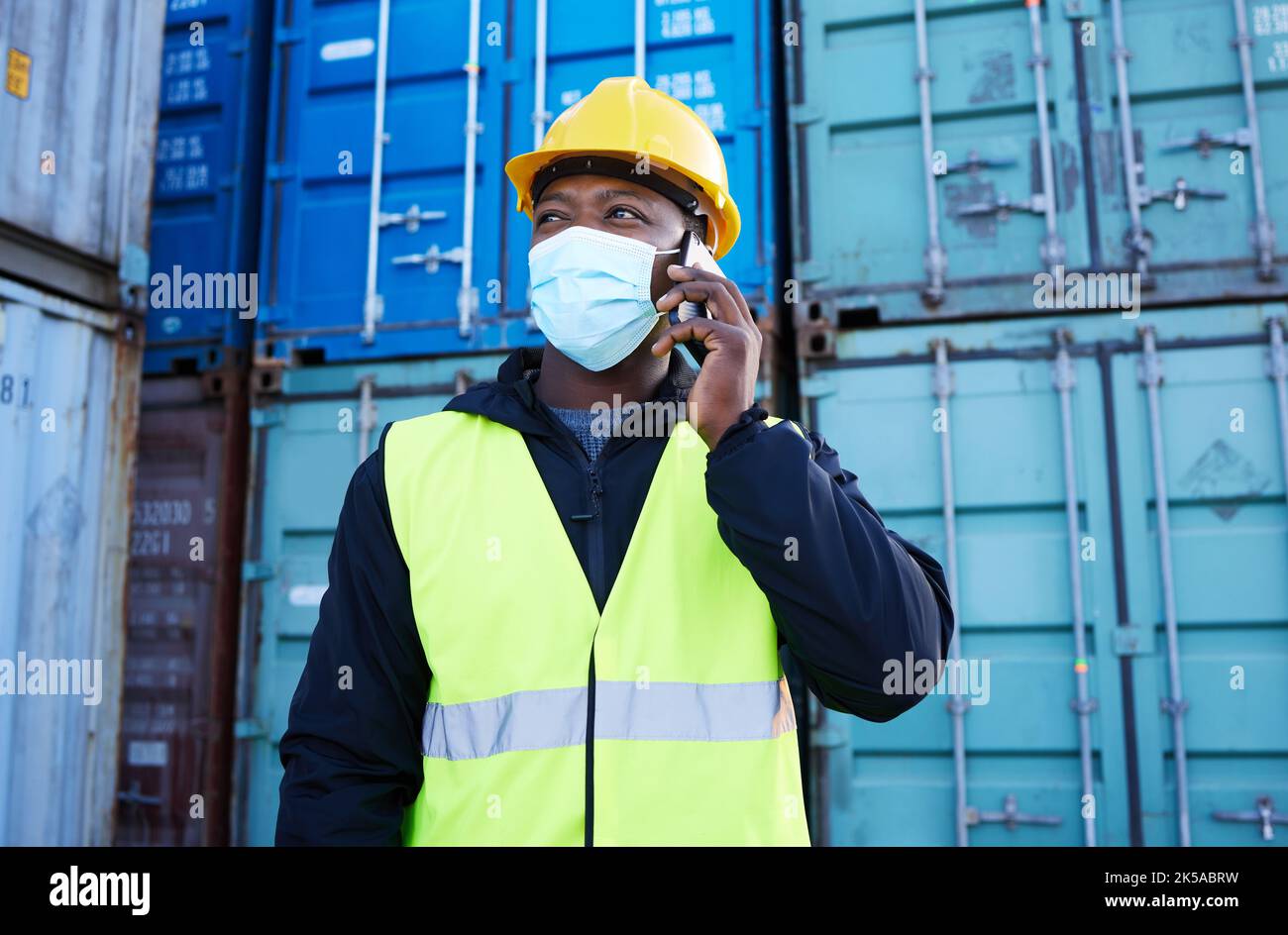 Logistics worker, container and covid, phone call in shipping port in ...