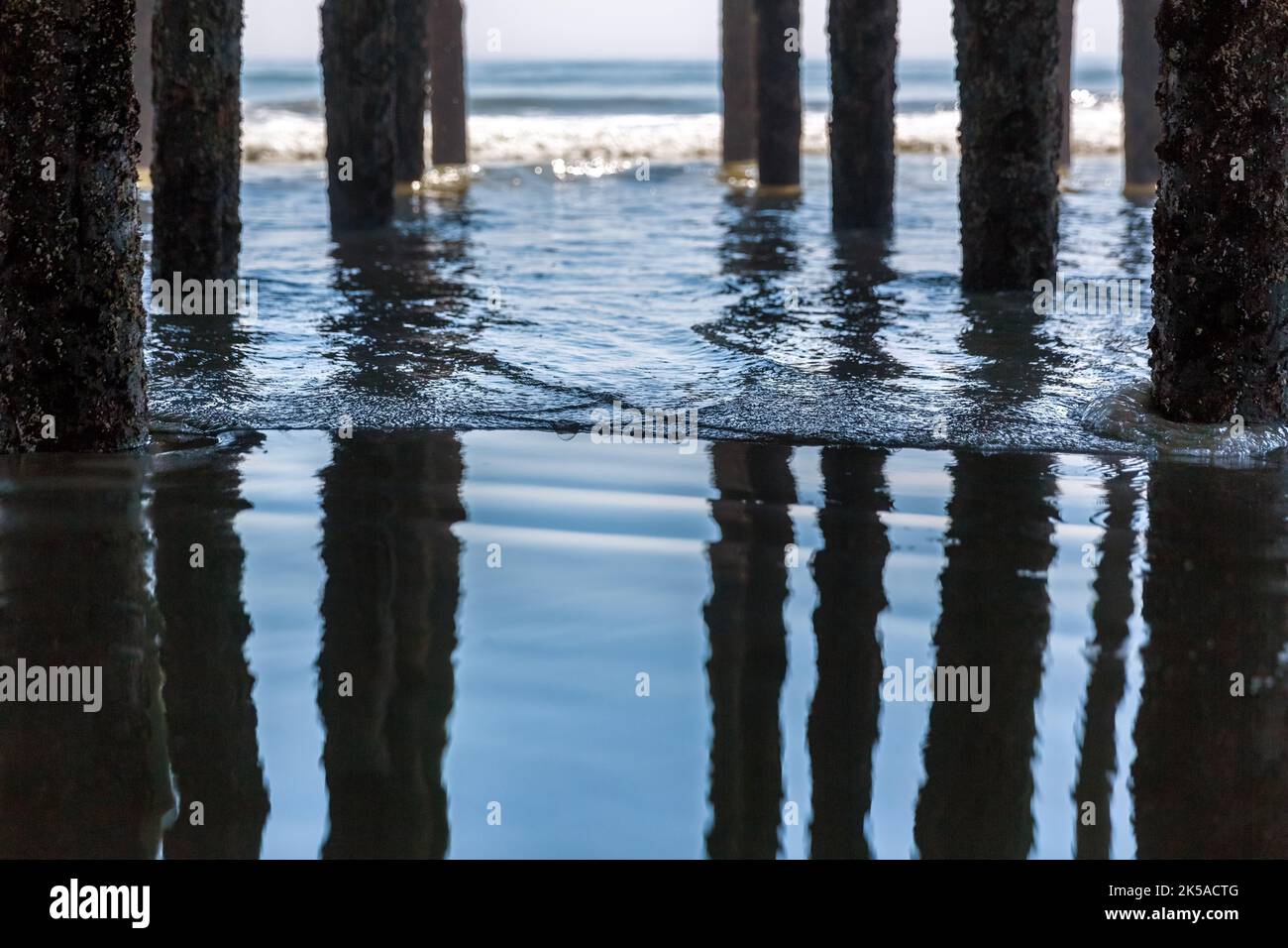 The pillars of a jetty are reflected in the water hi-res stock ...