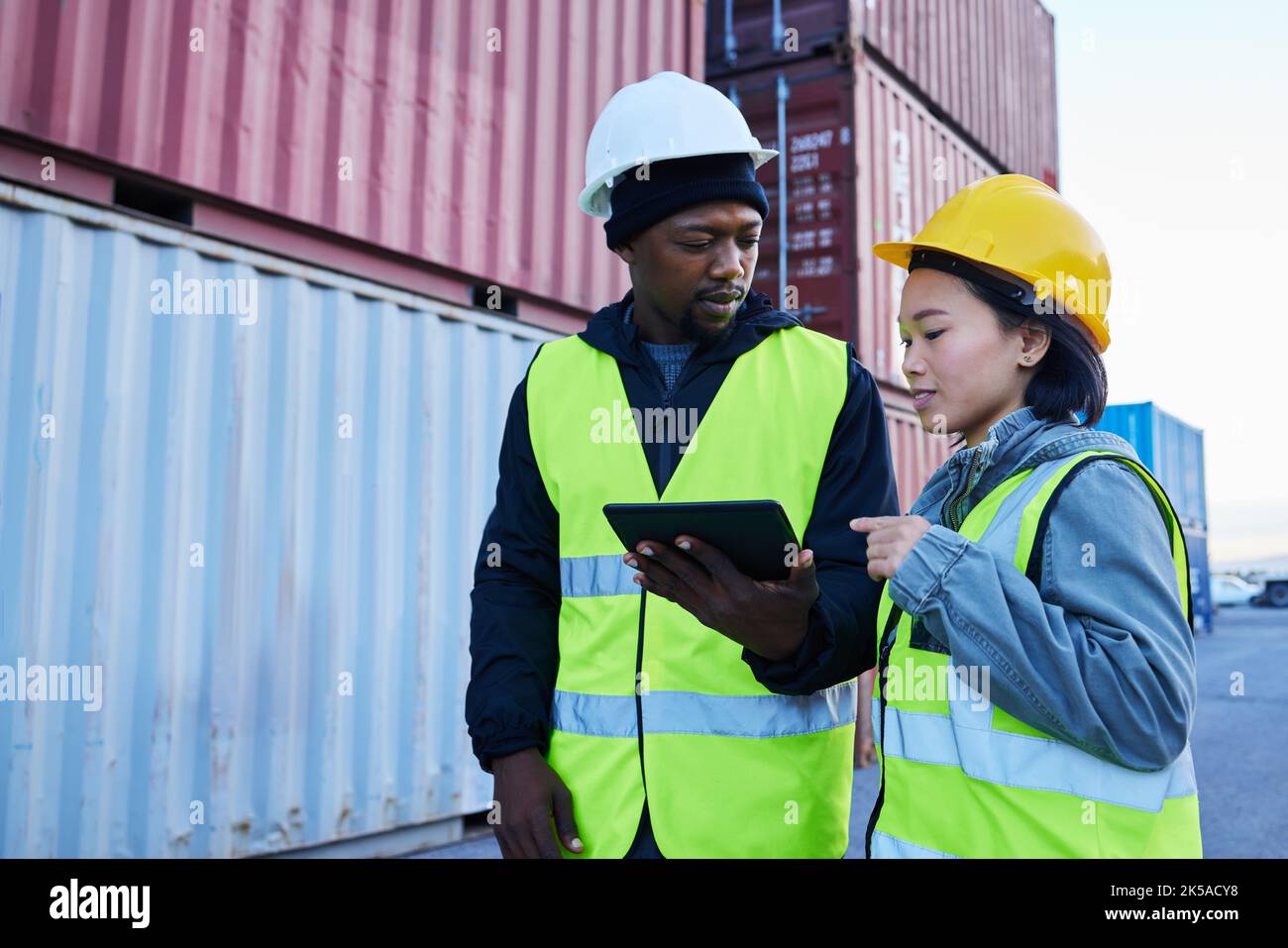 Logistics, supply chain and shipping team with tablet planning delivery ...