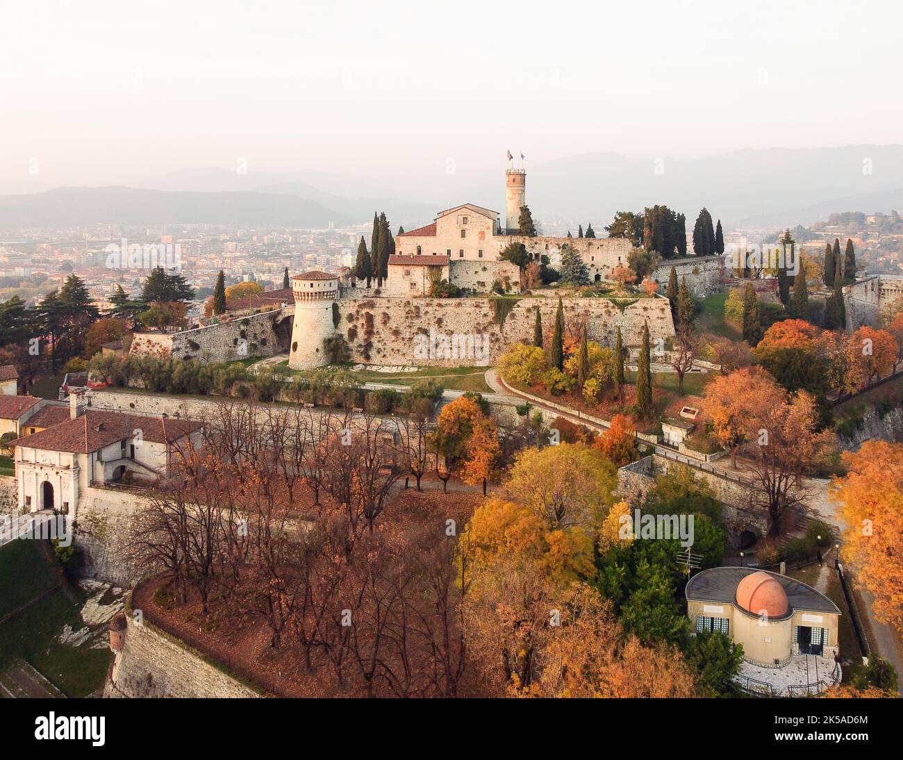 Panoramic drone autumn view on medieval fortress Castello di Brescia ...
