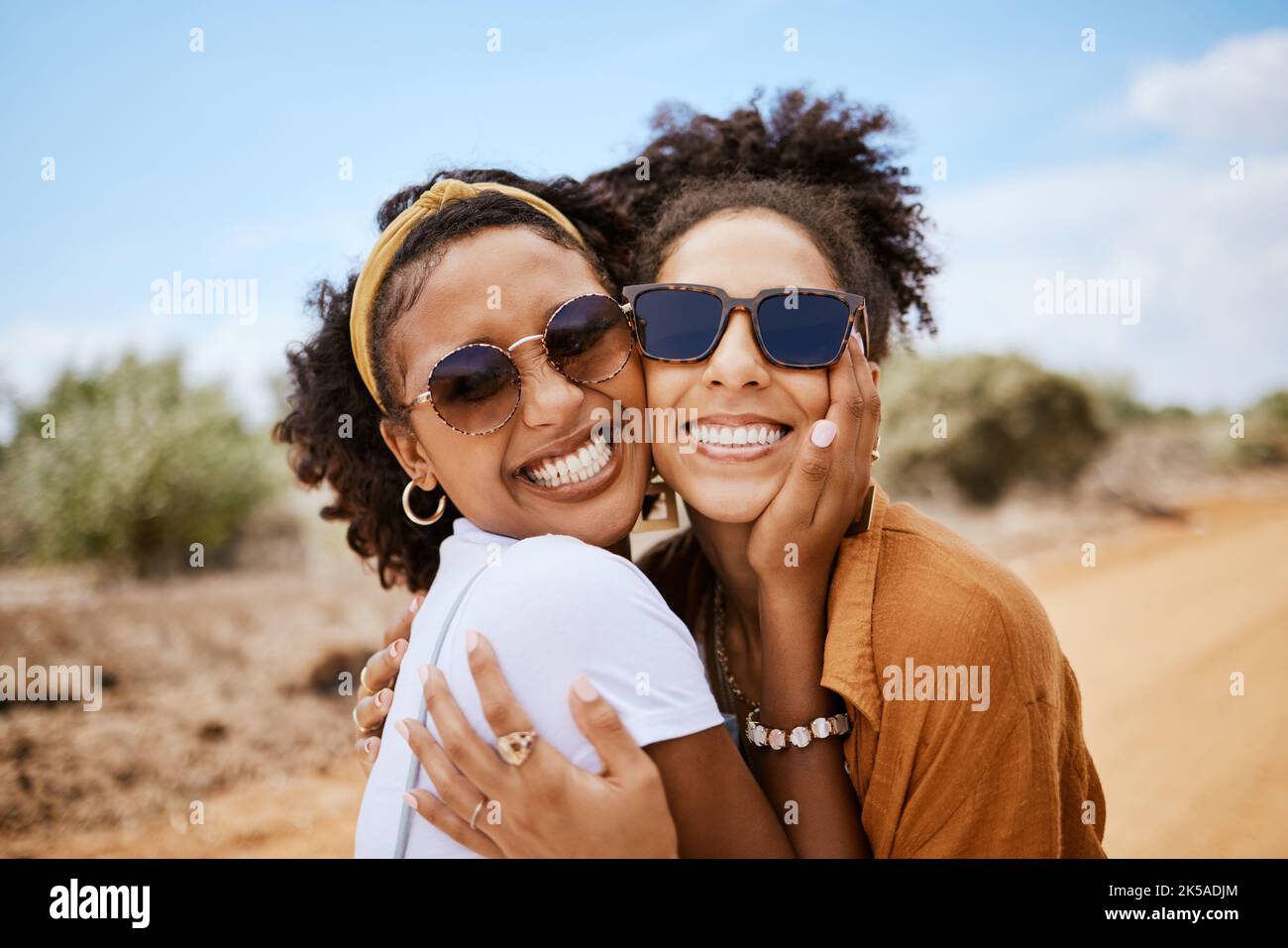 Couple travel portrait, Dubai desert with summer sunglasses or care free tourism road trip ...