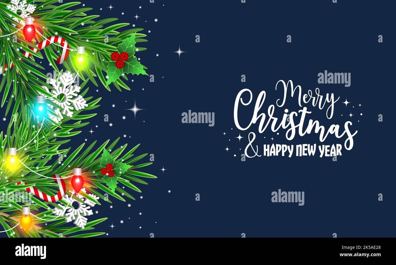 Christmas winter scenery with multicolor light chain, holly berries ...