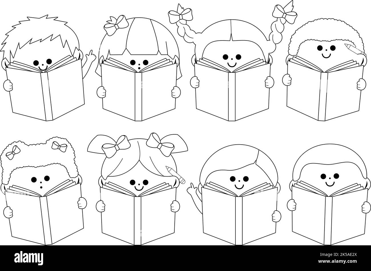 Group of children reading books. Vector black and white coloring page ...