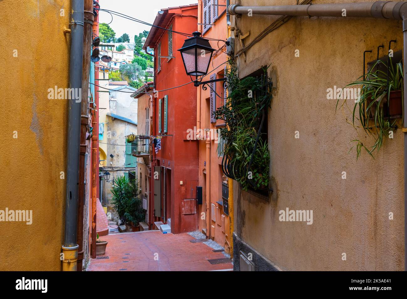 Colorful mediterranean houses and narrow winding streets, hilly ...