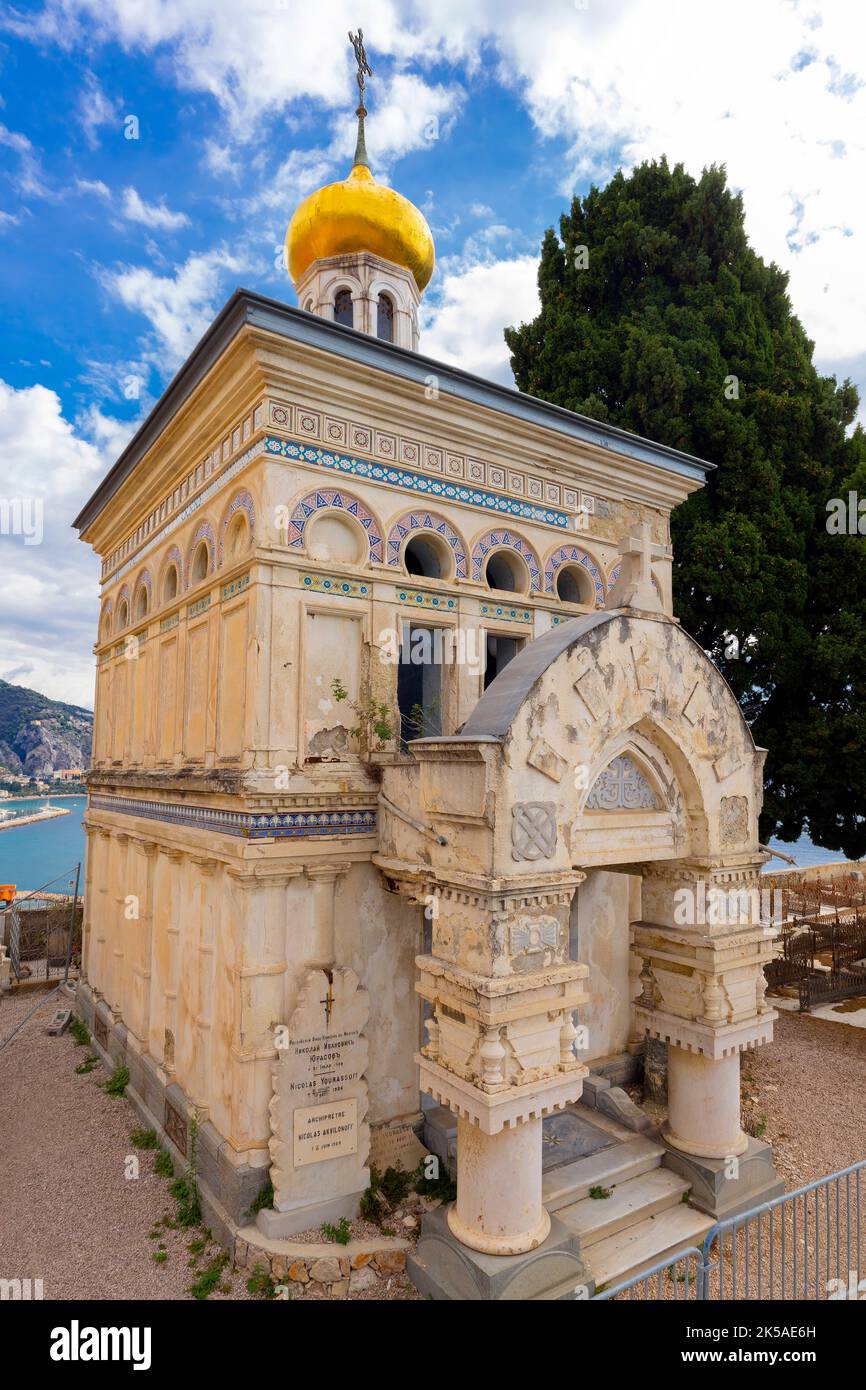 Cemetery of the Old Castle, Menton. The hilly, medieval old town on the ...