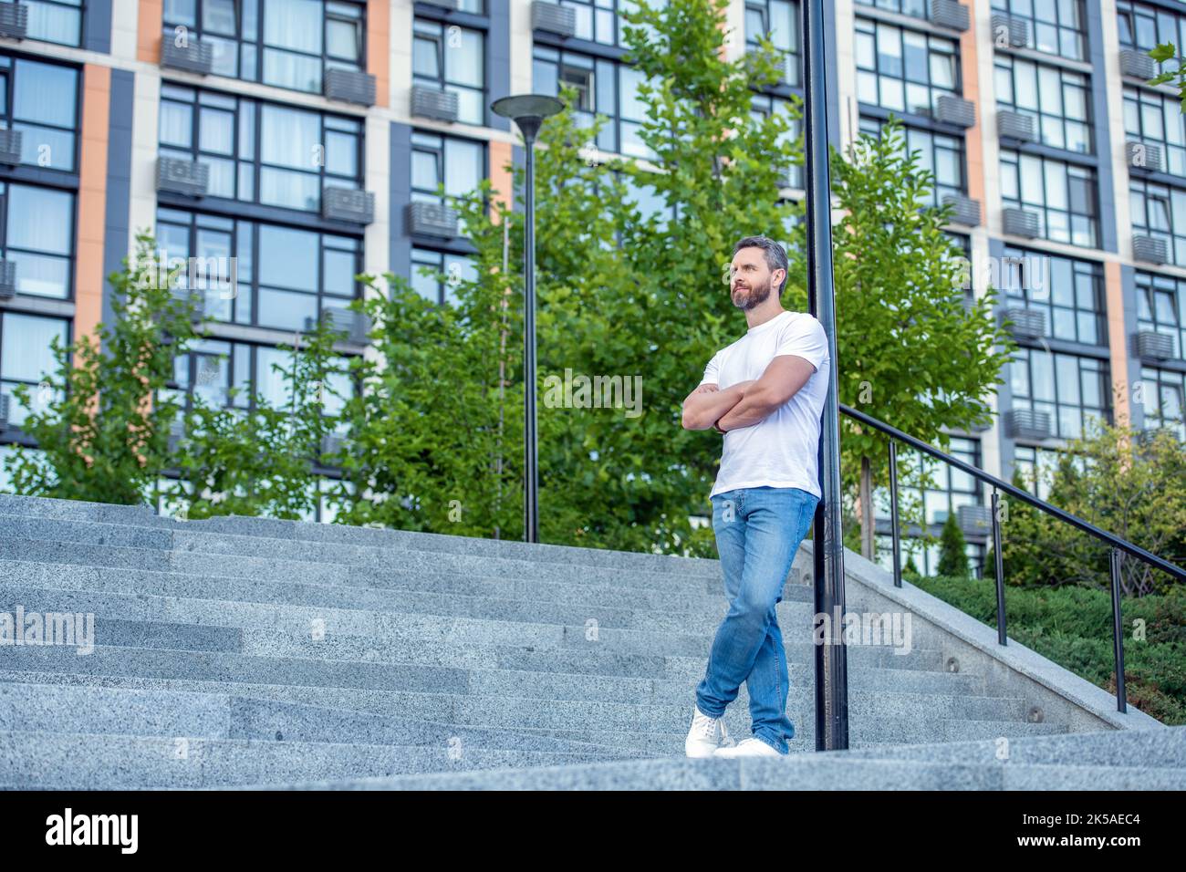 full length of man wear stylish outfit, copy space. stylish fashion ...