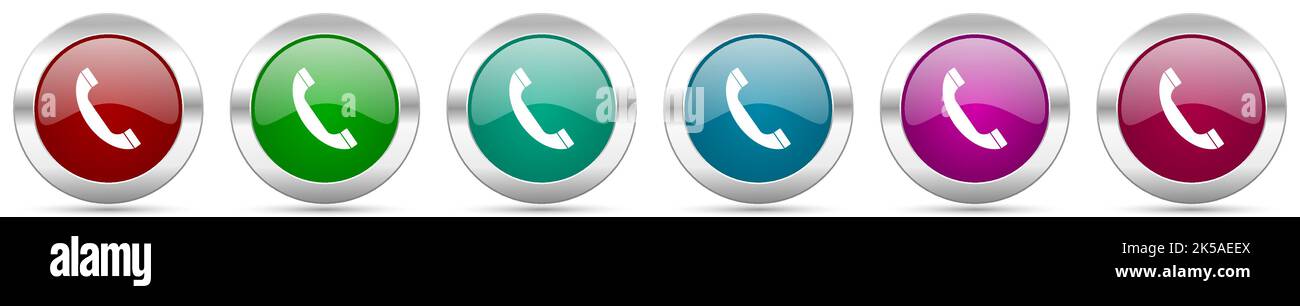 Phone, call, contact silver metallic vector icon set, round glossy ...