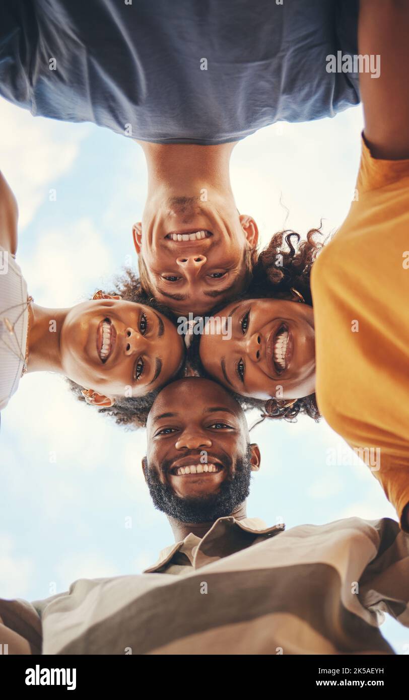 Circle, friends and portrait of happy group of people with smile on ...