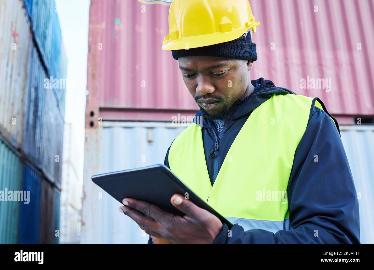 Digital tablet, logistics and black manager working on outdoor cargo ...