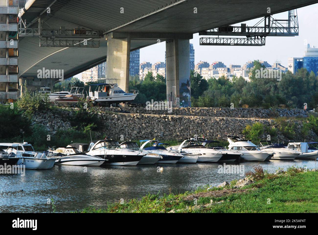 Ada bridge and boat port. Belgrade city Stock Photo - Alamy