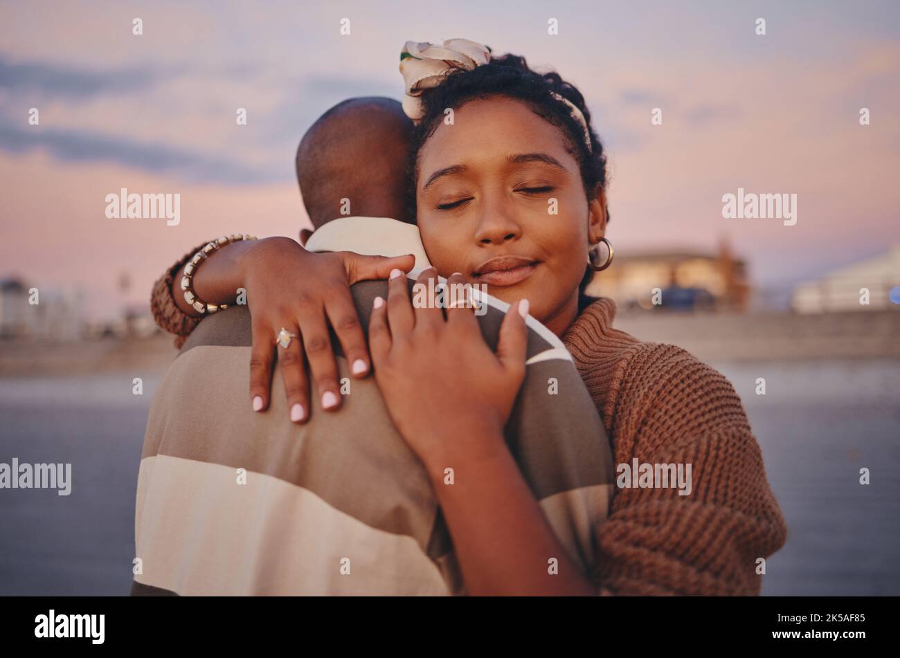 Love Peace And Calm Black Couple Hug While Relax On Outdoor Date For