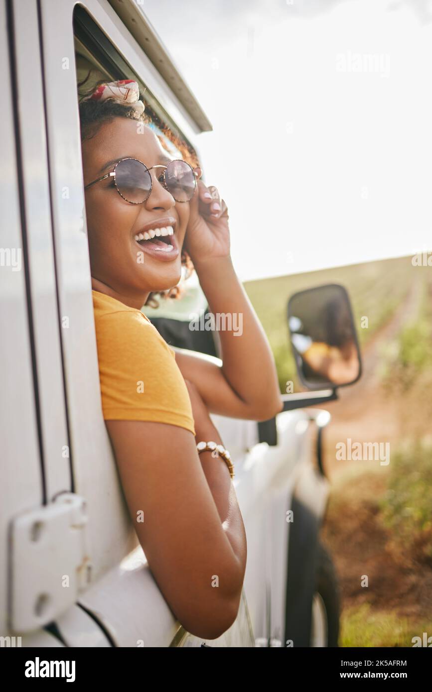 Countryside, travel and road trip black woman with sunglasses and ...
