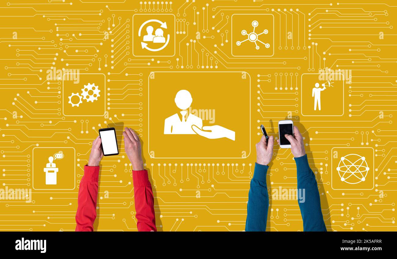 Top view of hands using mobile phone with symbol of introduction ...