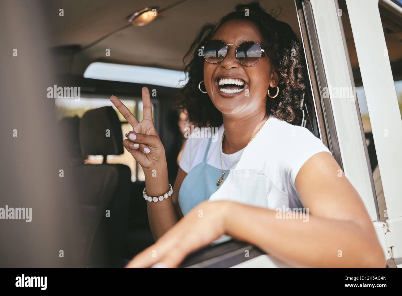 Woman, smile and road trip show peace in car, pickup or truck for ...