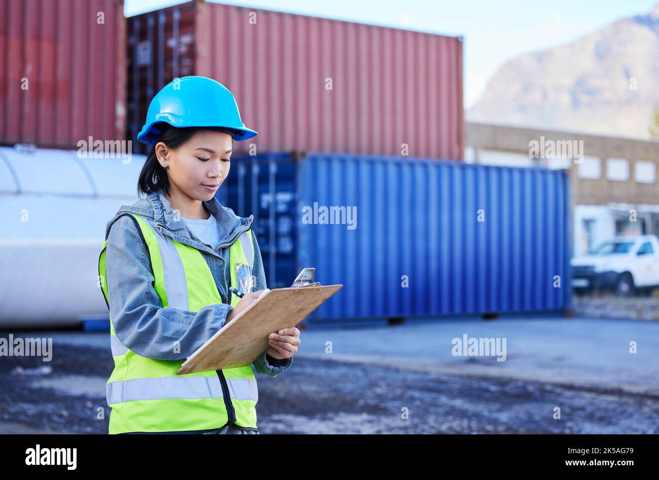 Logistics, inspection and worker working on shipping of delivery at an ...