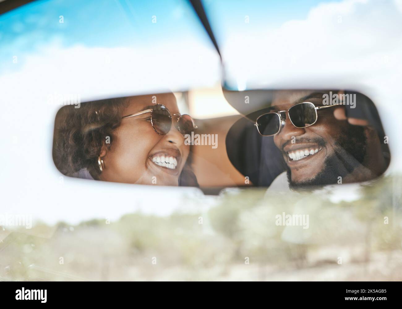 Road trip, travel and black couple happy about a holiday in a car ...