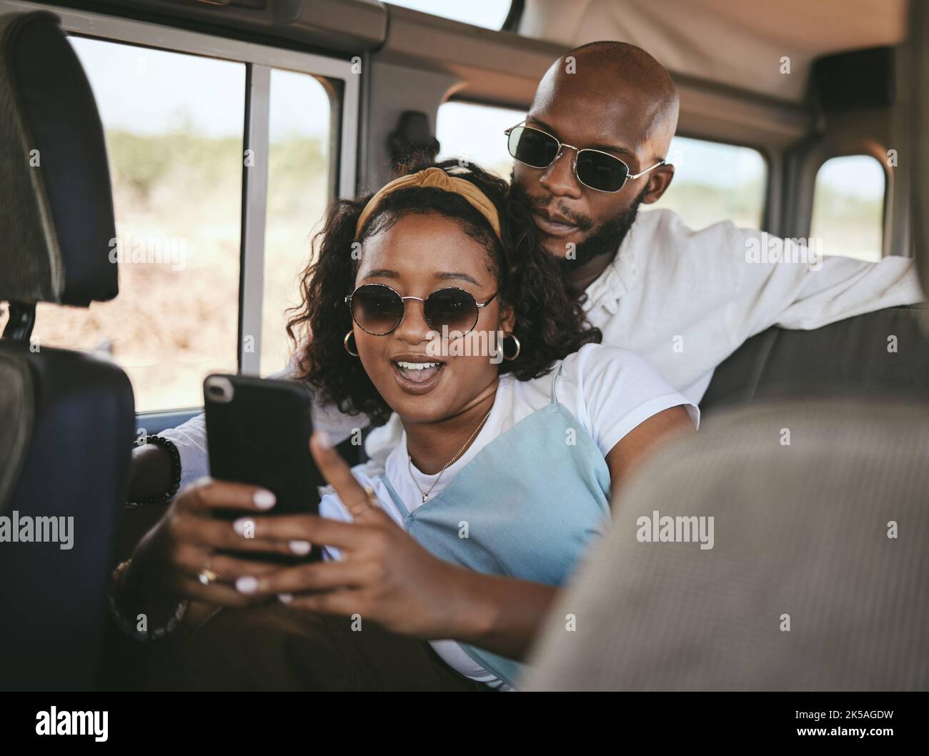Black couple, phone and travel for selfie in social media for summer ...
