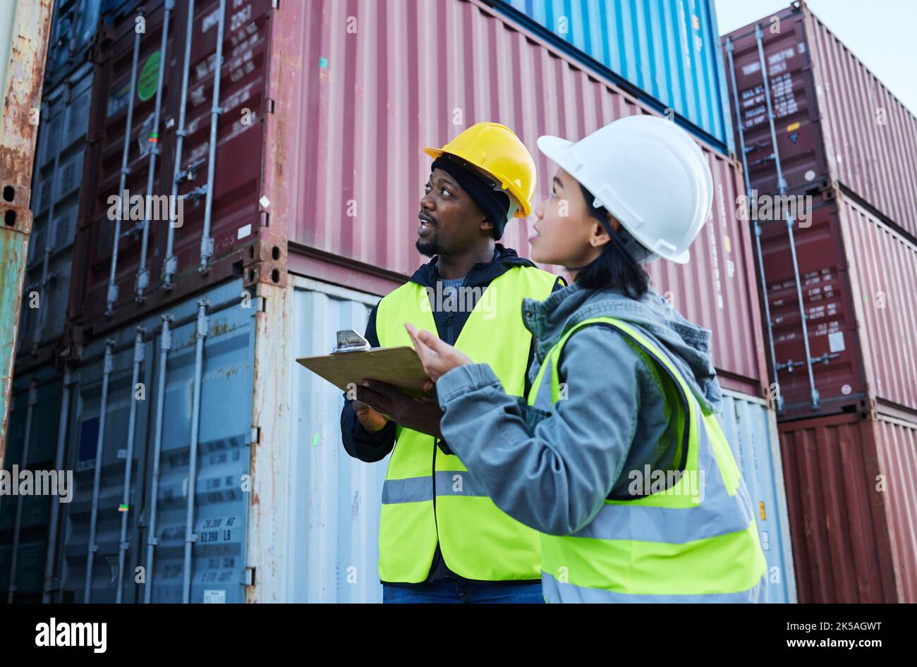 Logistics, shipping management and checklist for cargo stock with man ...