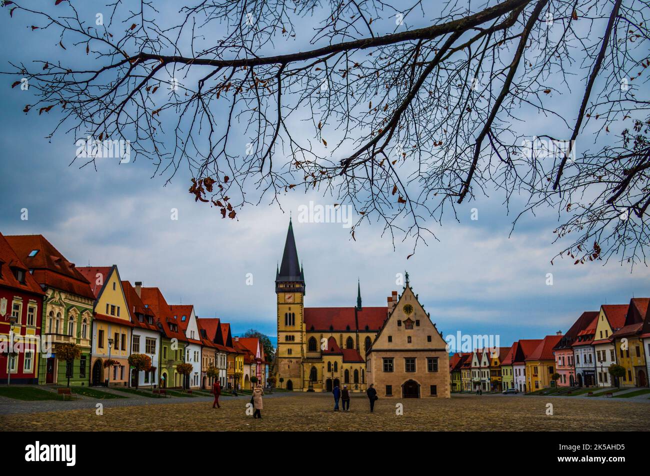Central square of Bardejov Old Town with the Church of St. Aegidiusld ...