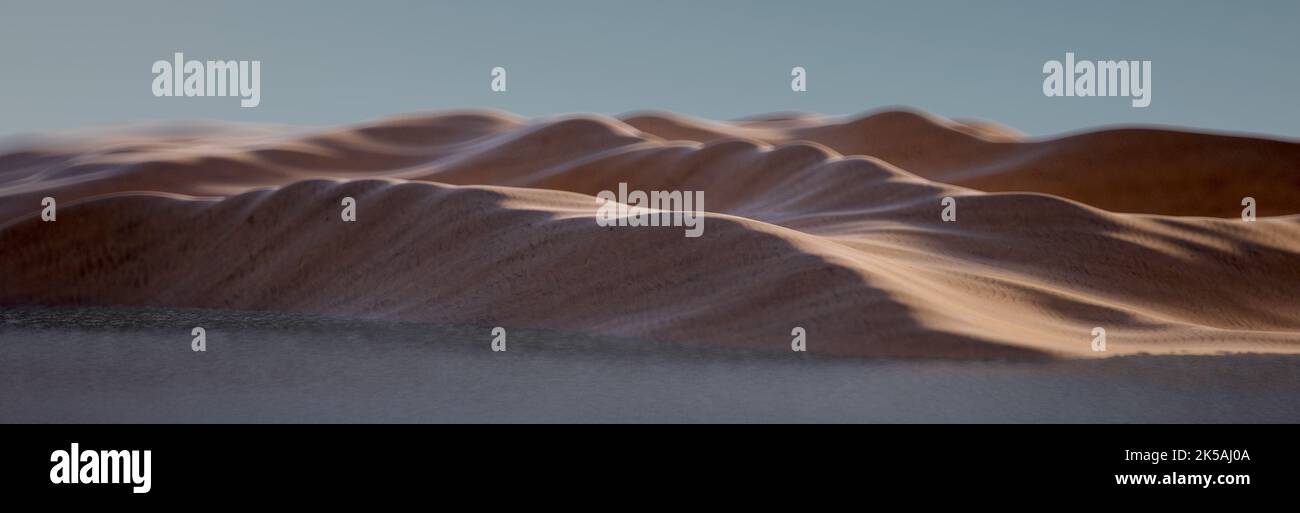 Panorama of uneven sand hills in arid desert against cloudless blue sky ...