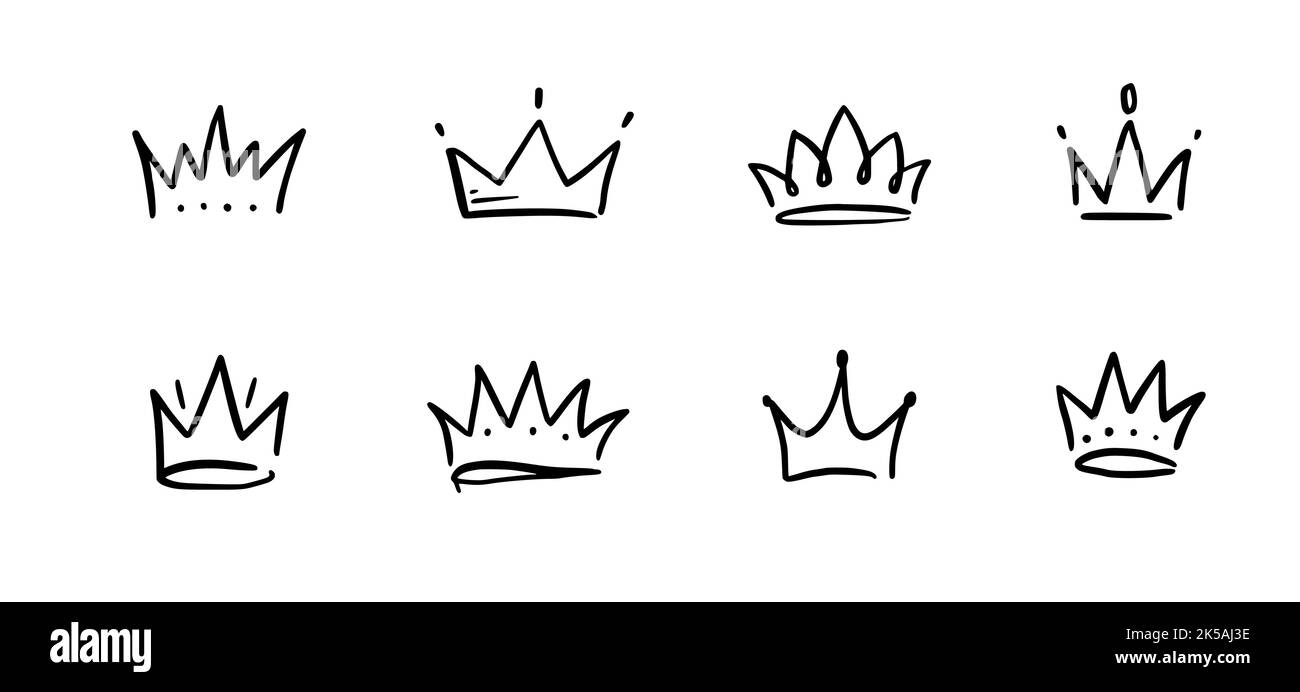Doodle crown hand drawn set. Doodle princess crown, queen tiara. Line ...