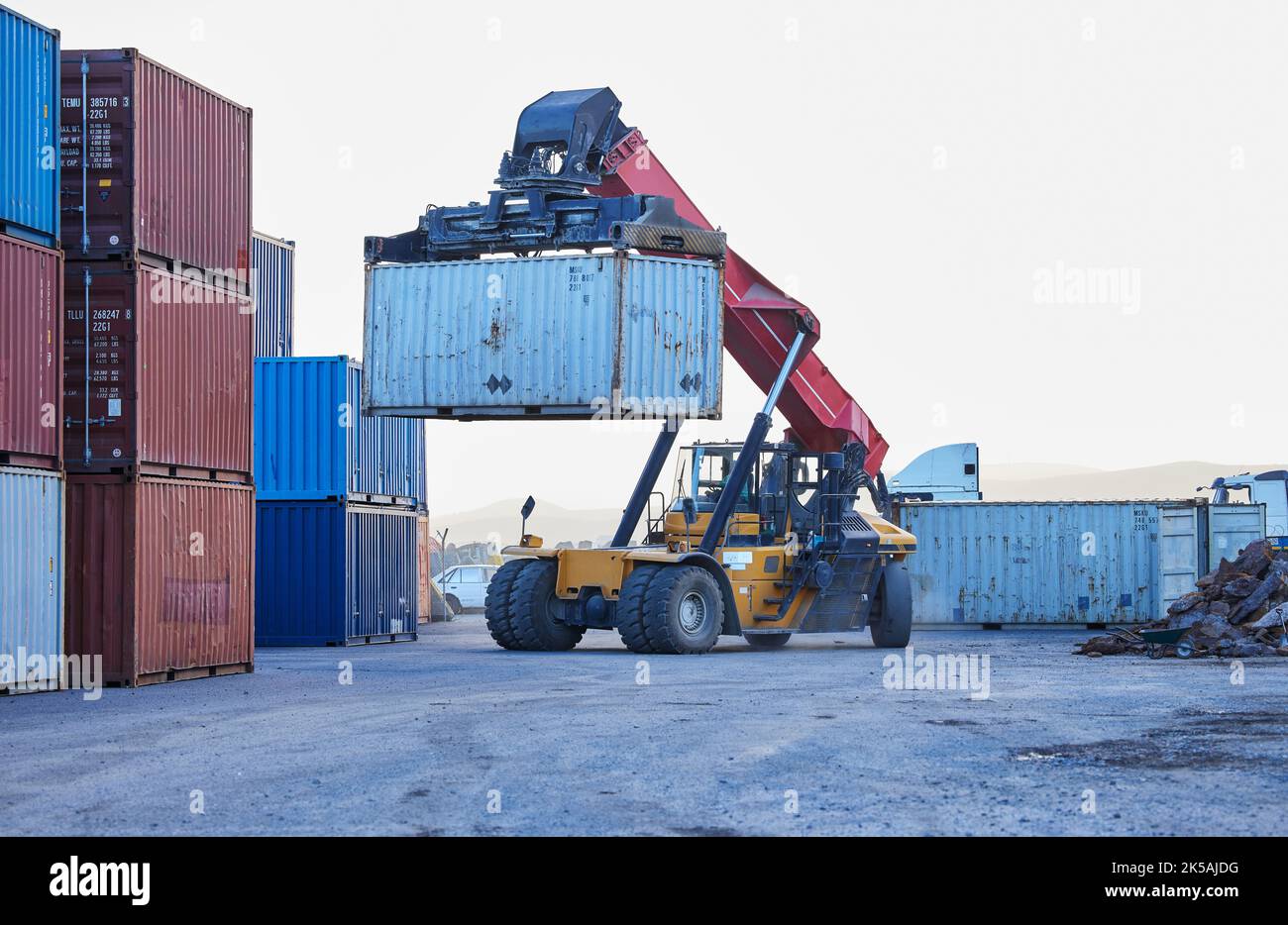 Logistics, cargo and forklift with container with stock for delivery in ...