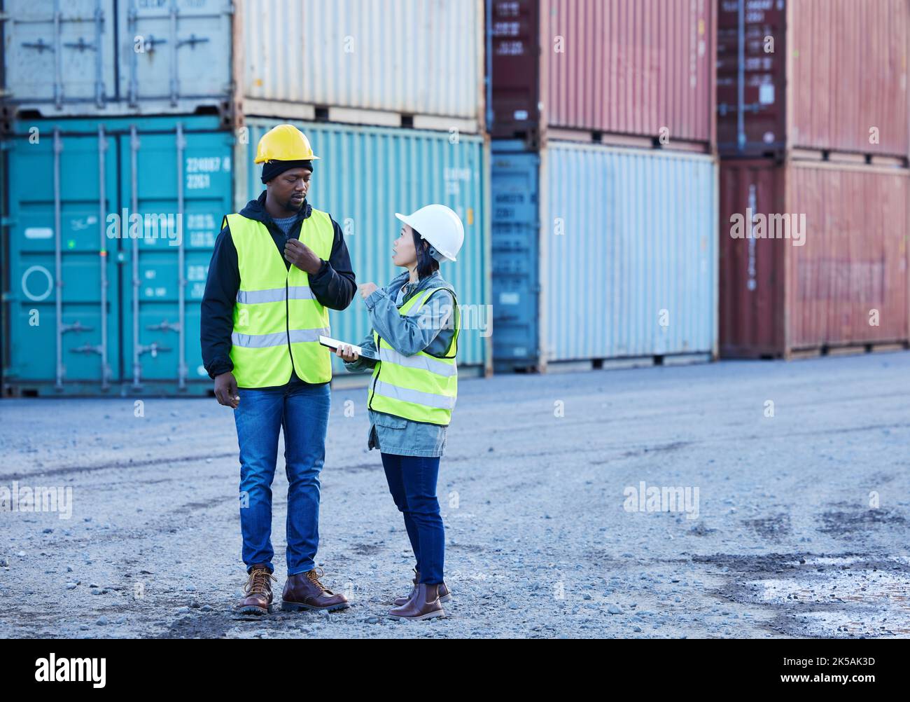 Shipping, logistics and supply chain with a man and woman courier ...