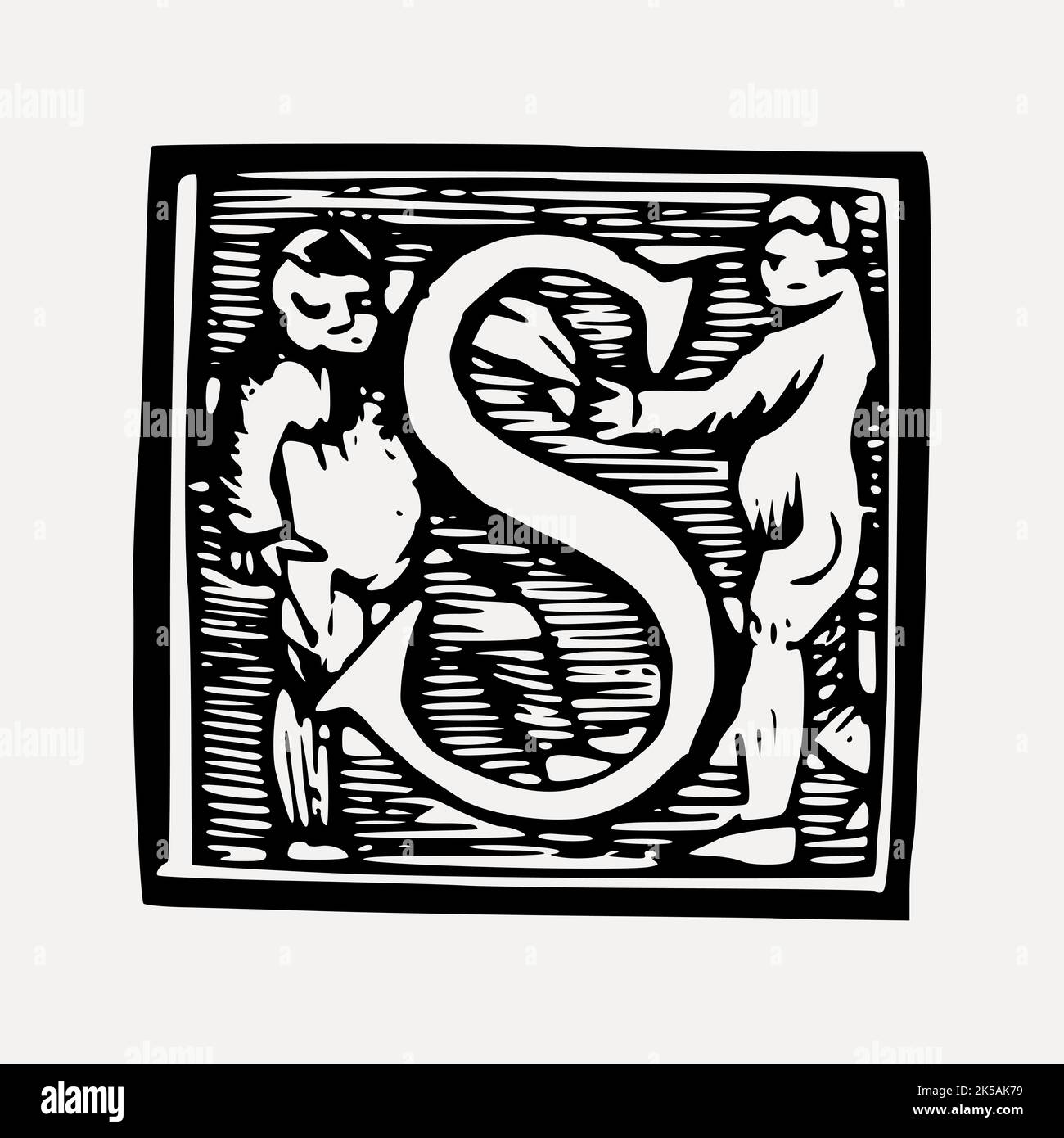 Vintage S alphabet drawing, black and white illustration vector Stock ...