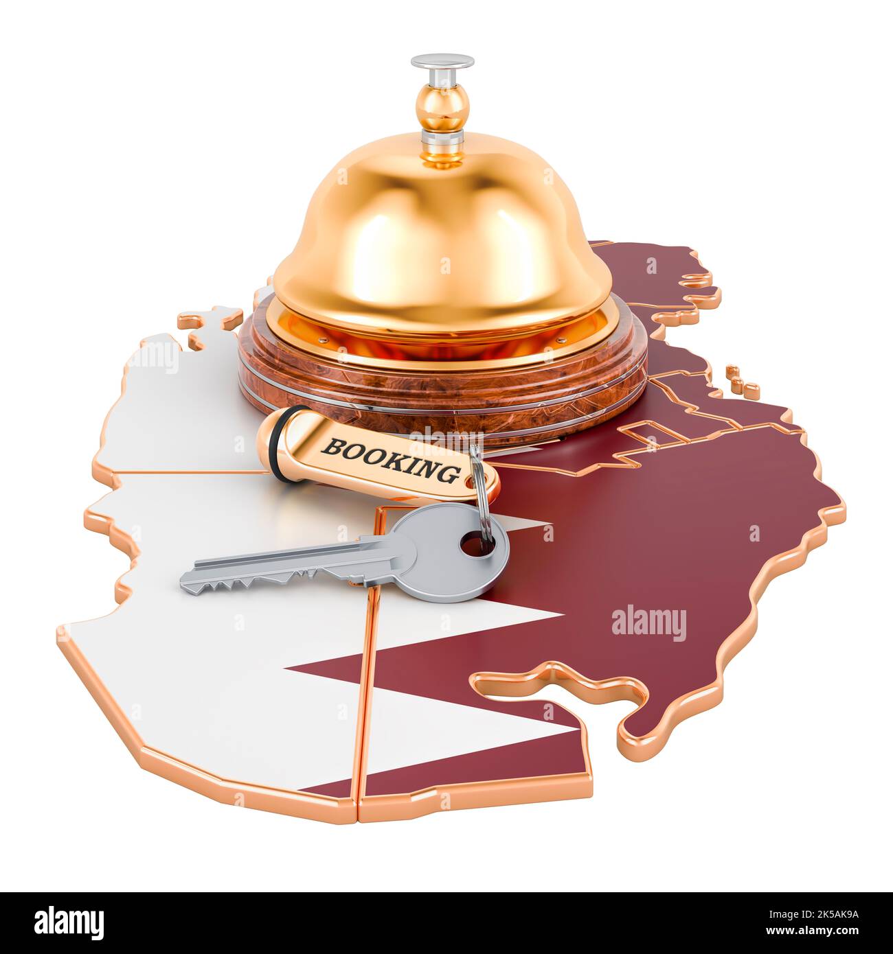 Qatar booking concept. Qatari flag with hotel key and reception bell ...