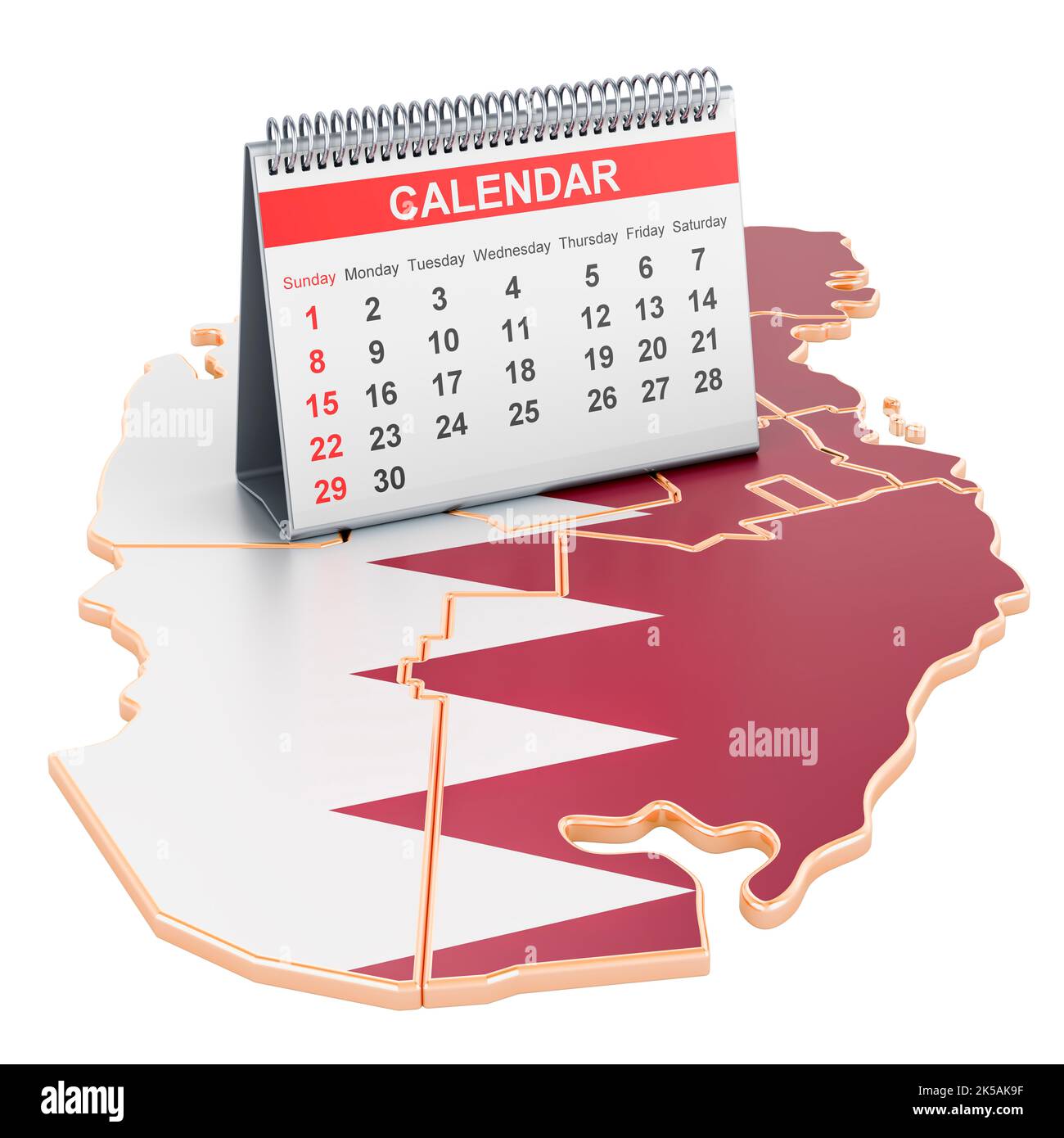 Desk calendar on the map of Qatar. 3D rendering isolated on white ...
