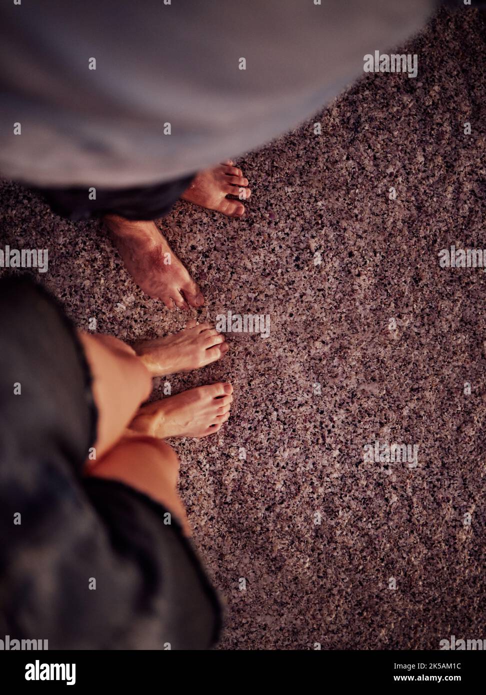 Beach, romance and feet in sea sand, couple on ocean summer holiday ...