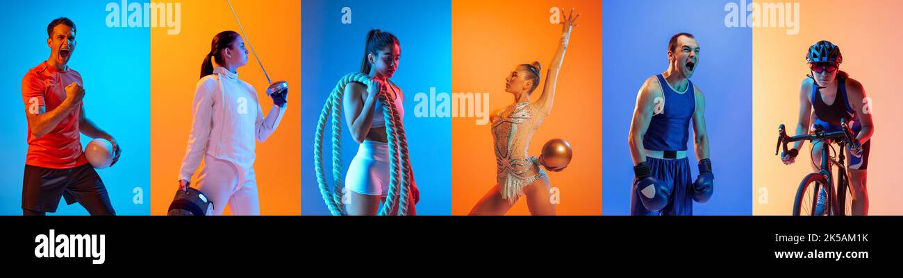 Sport collage of professional athletes posing isolated on multicolored ...
