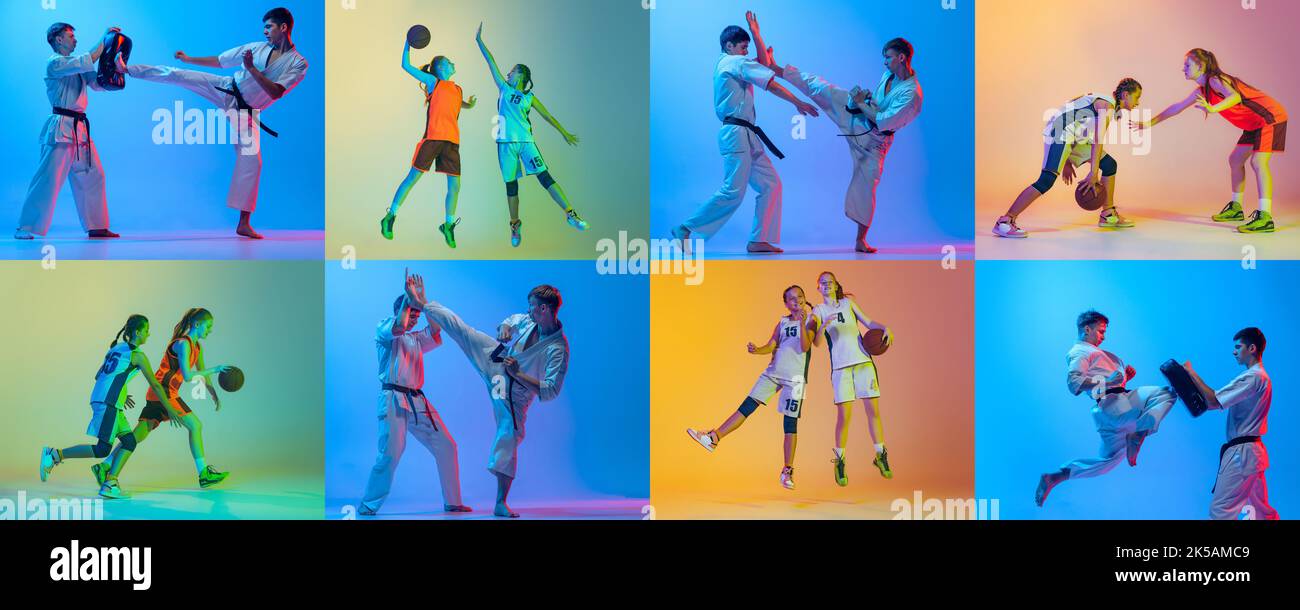 Sport collage of professional athletes posing isolated on multicolored ...