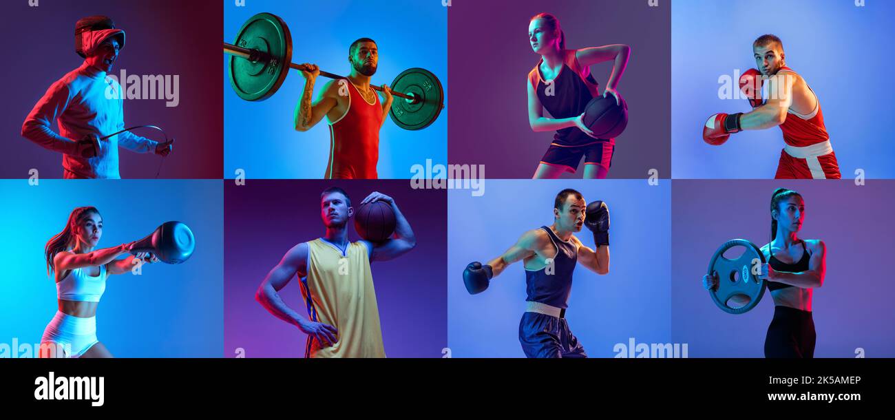 Sport collage of professional athletes posing isolated on multicolored ...