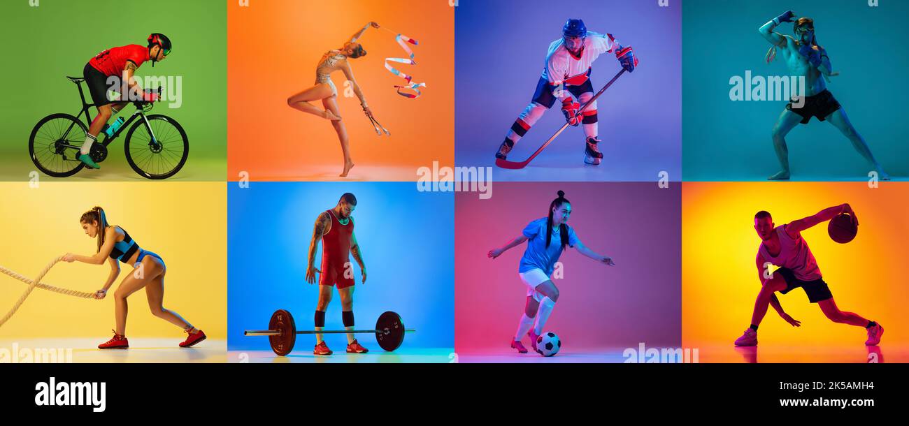 Sport collage of professional athletes isolated on colorful background ...