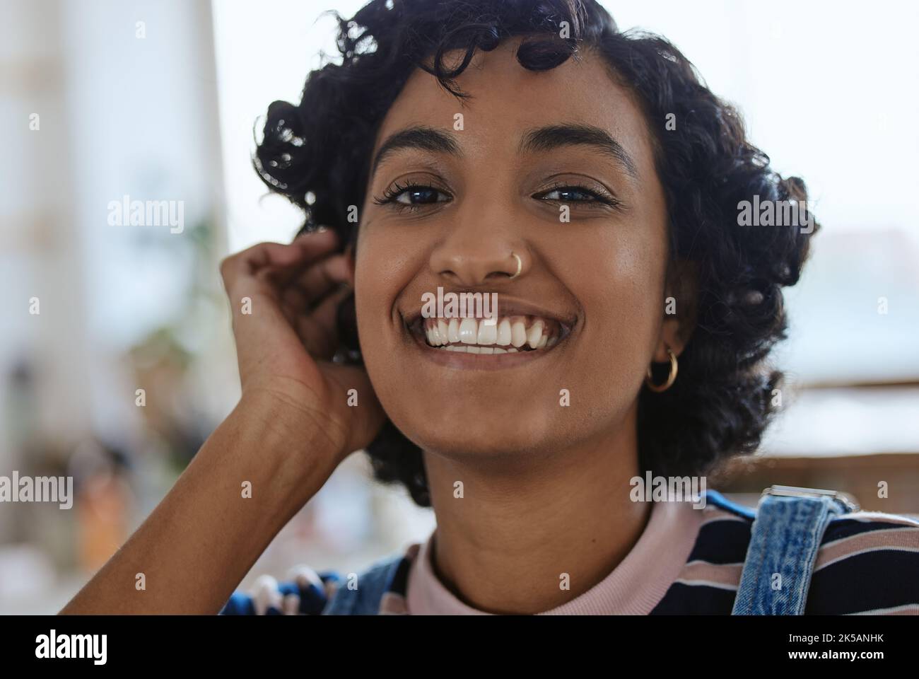 Selfie, art and face of a creative woman with smile and happy about ...