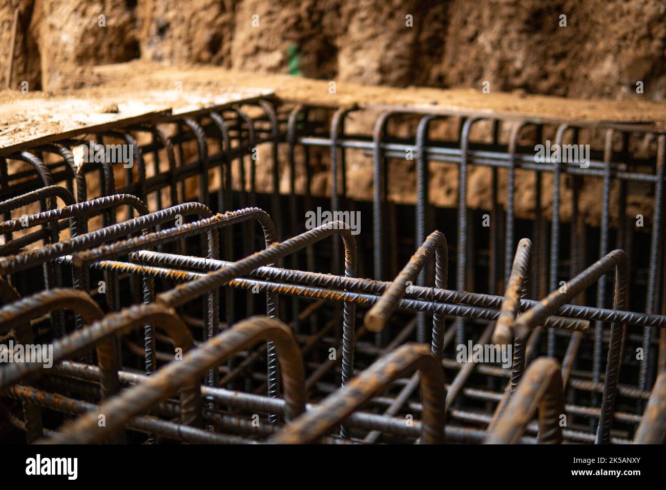 Detail of reinforcement cage in basement construction ahead of concrete ...