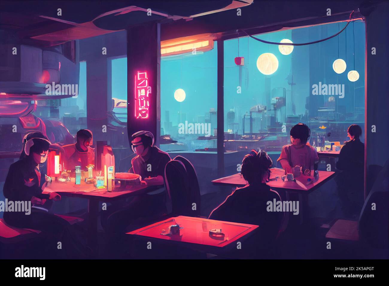 An illustration of a bar in cyberpunk style with dim purple lighting ...