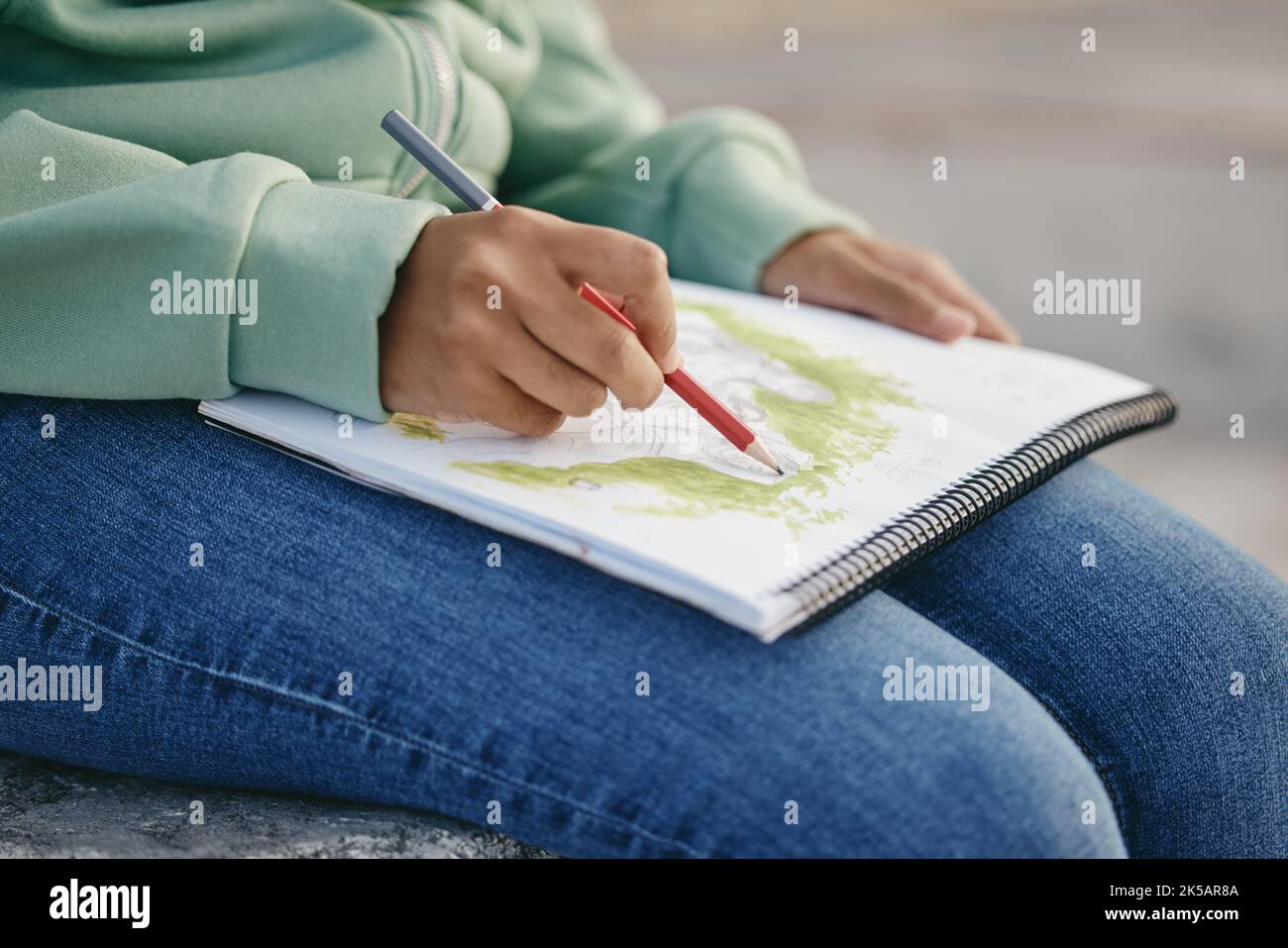 Zoom, hand, art student drawing or sketch illustration in notebook for ...