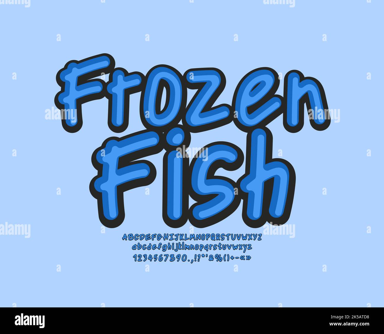Original label Frozen Fish with hand drawn lettering text blue color ...