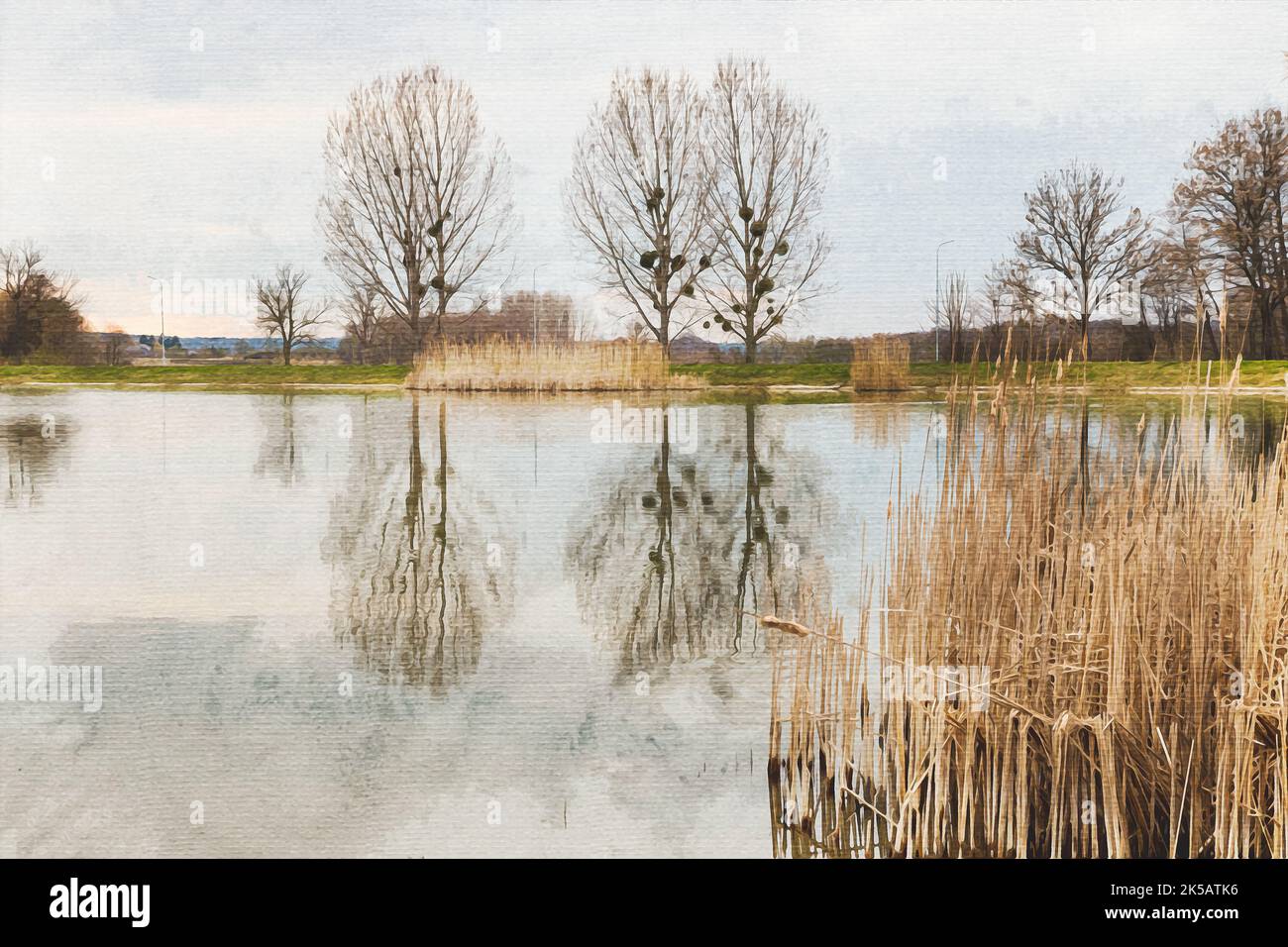 Watercolor painting on canvas. Krasnik Poland. Landscape by the lake ...