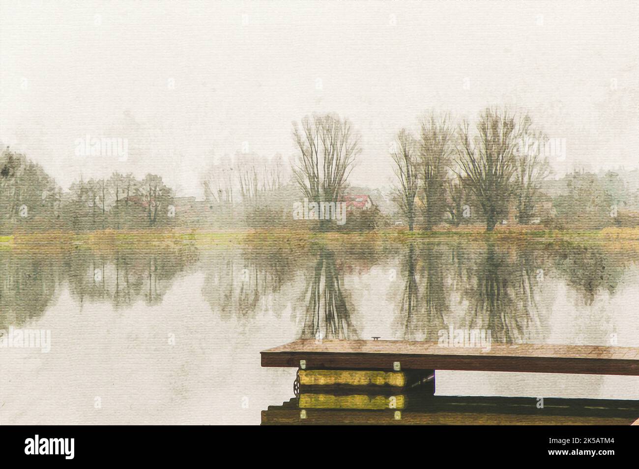 Watercolor painting on canvas. Krasnik Poland. Landscape by the lake ...