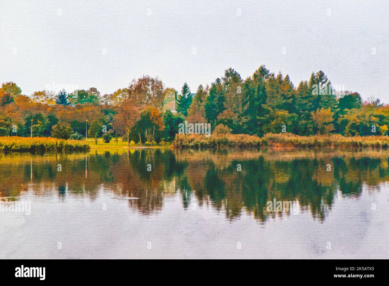 Watercolor painting on canvas. Krasnik Poland. Landscape by the lake ...