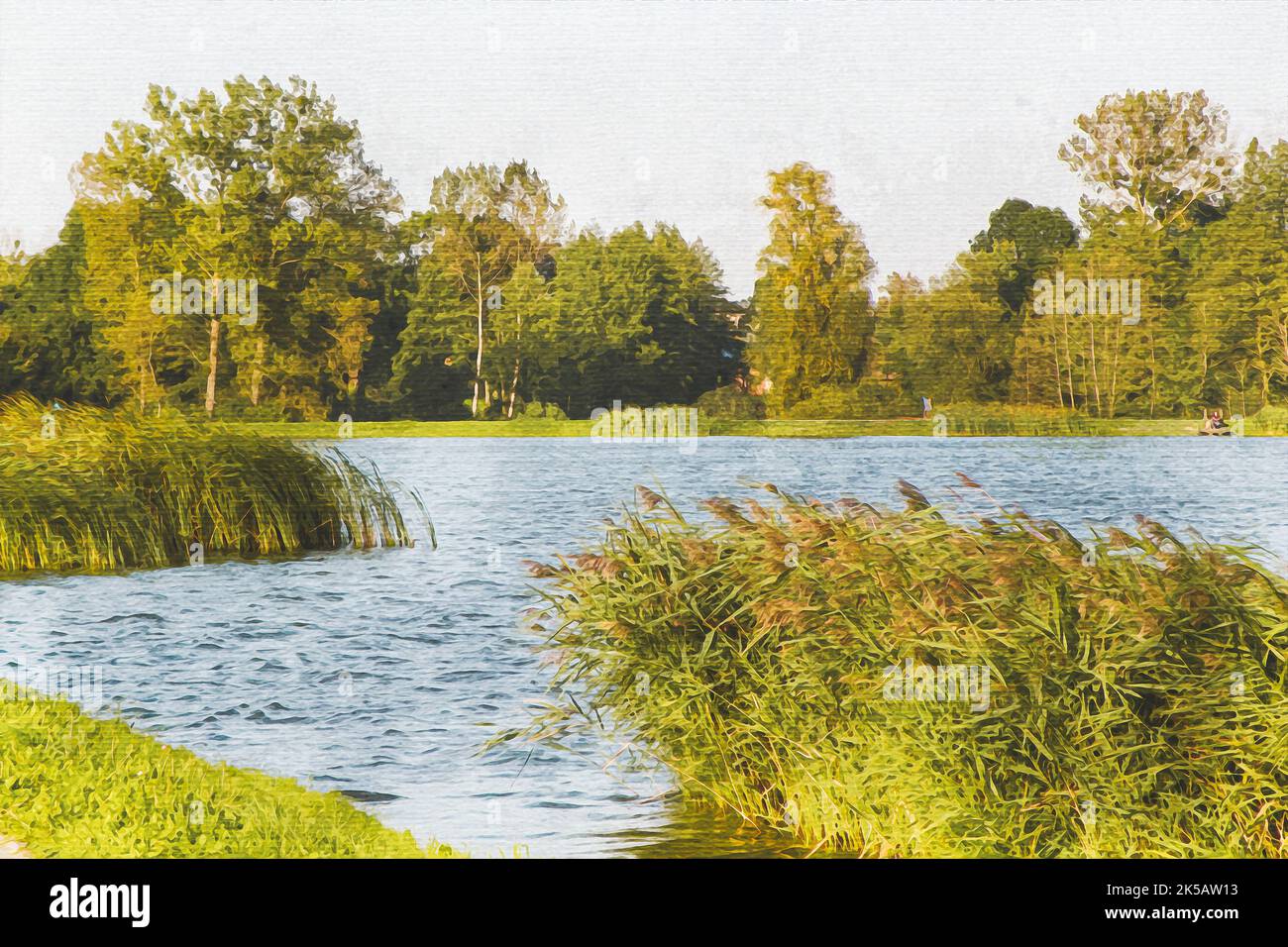 Watercolor painting on canvas. Krasnik Poland. Landscape by the lake ...