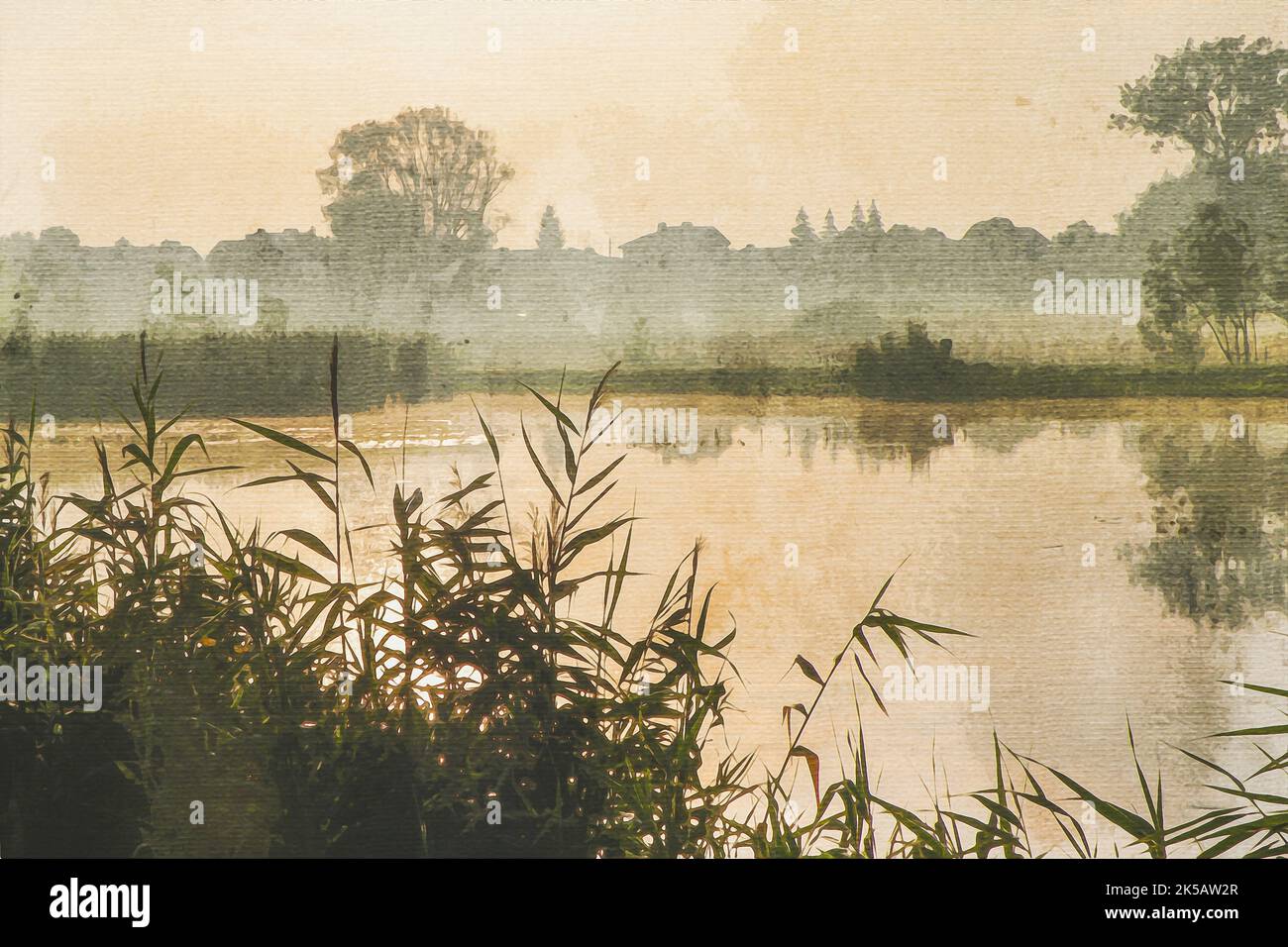 Watercolor painting on canvas. Krasnik Poland. Landscape by the lake ...