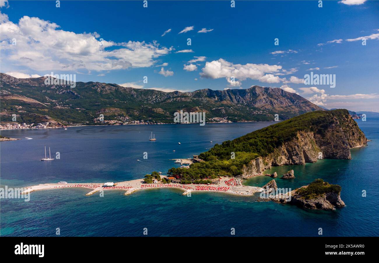 A high-angle drone shot of Saint Nicholas island with the seascape and ...